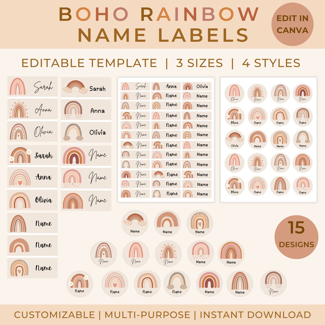 Boho Rainbow Name Labels, Personalized Name Stickers, Kids Label for ...