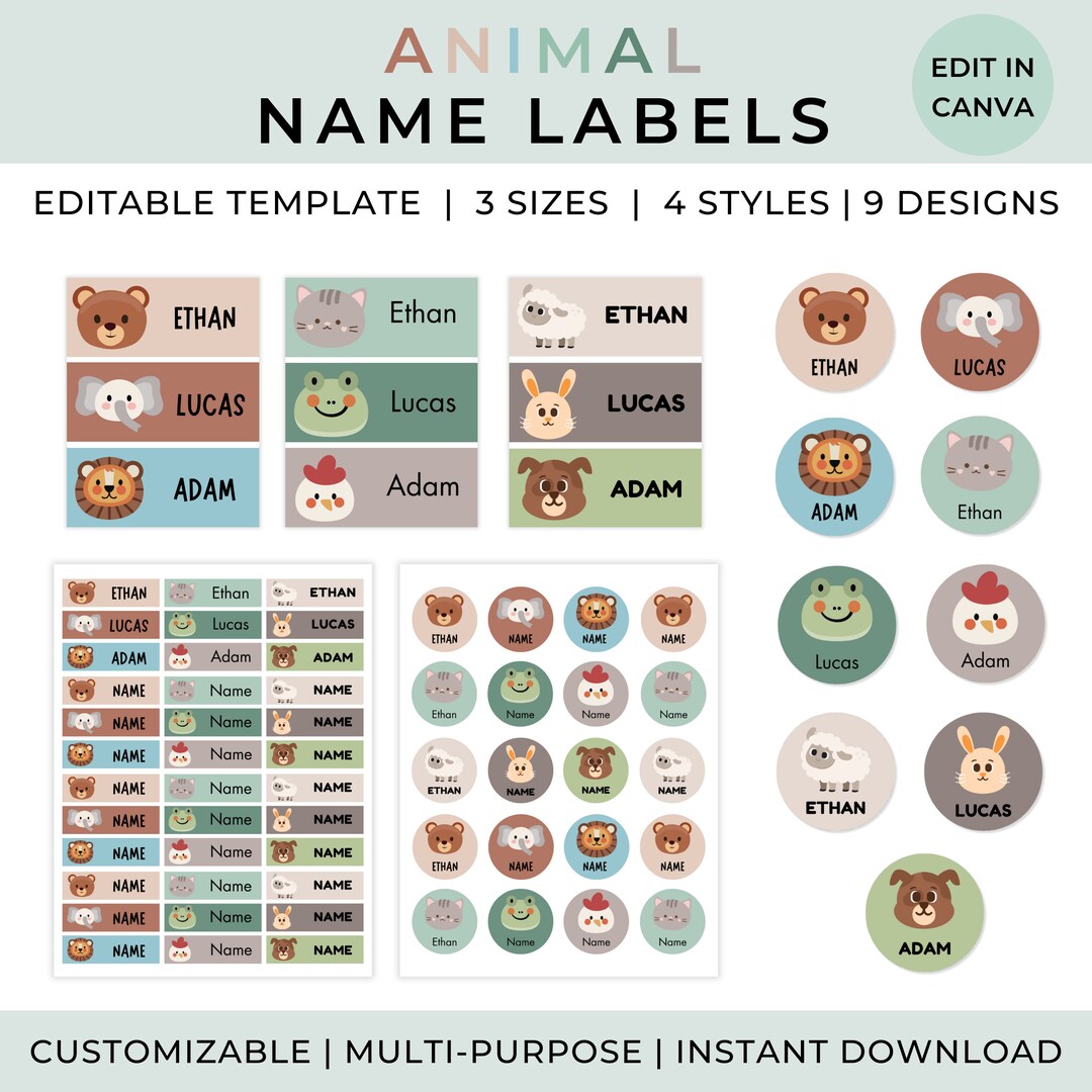 Kids Animals Name Labels, School Supply Labels, Kids Name Labels ...