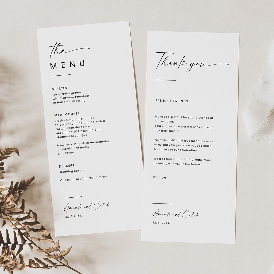 Modern Menu and Thank You Card, Wedding Menu Card, Napkin Note Thank ...