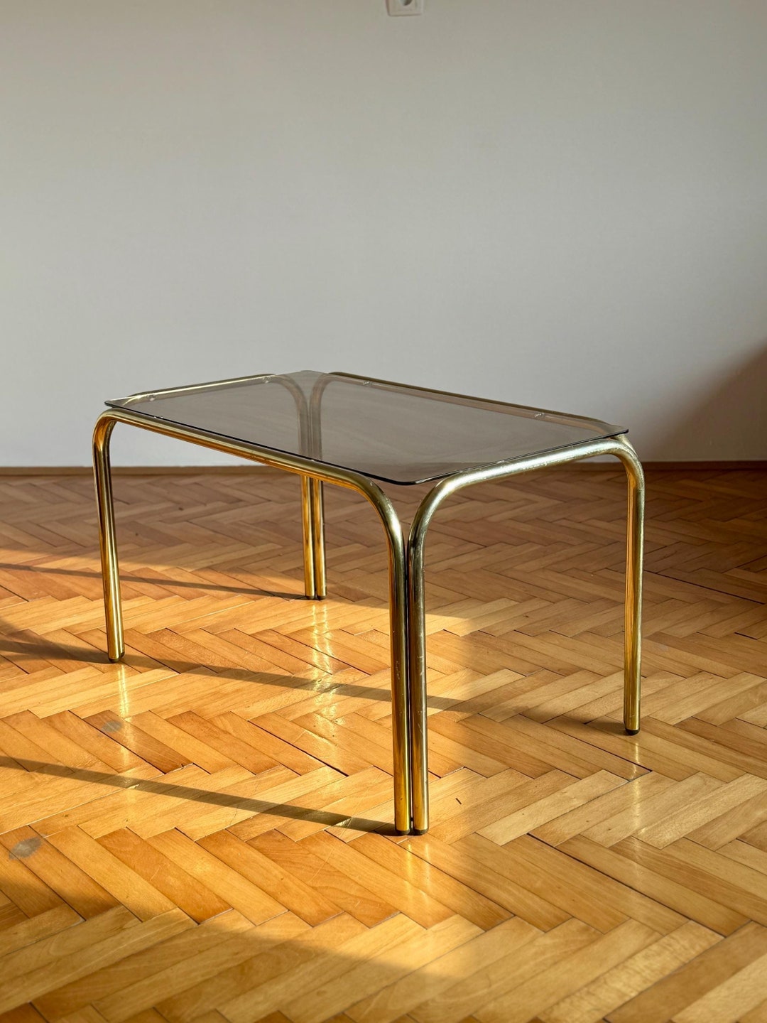 Vintage 80s Gold and Smoked Glass Coffee Table / Mid-century Modern ...