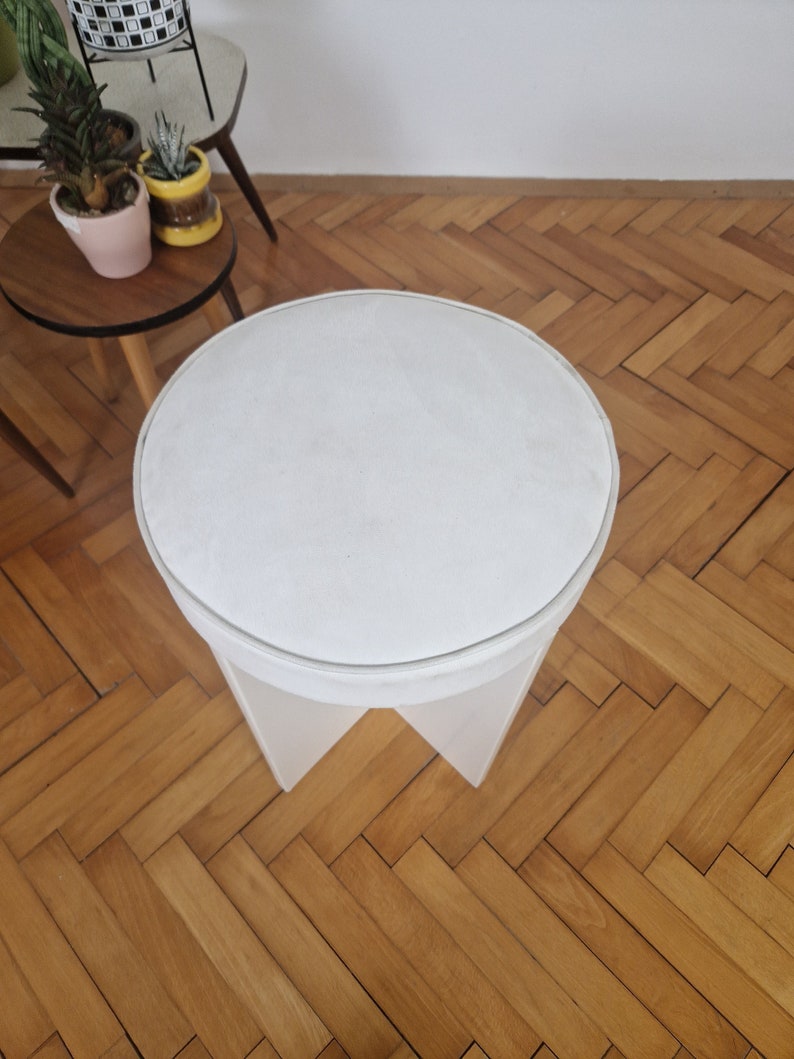 Mid Century Modern White Round Footstool / Vintage Plush Ottoman ...
