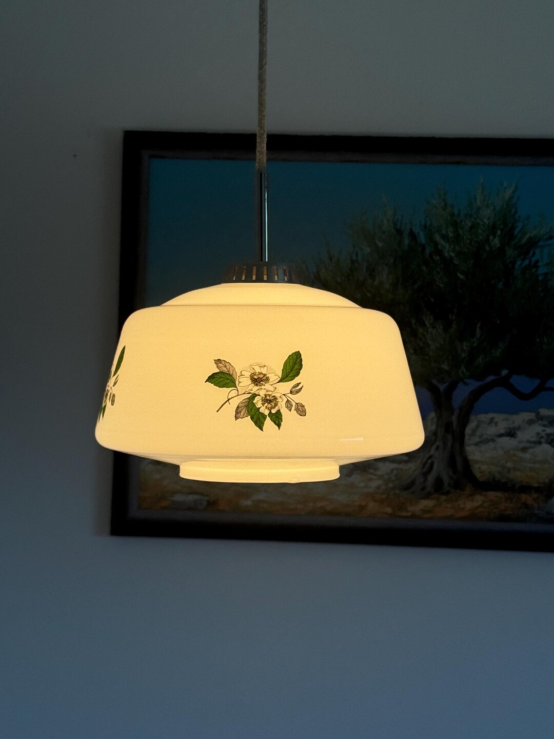 Vintage White Opaline Glass Pendant Lamp / Mid-century Ceiling Light ...