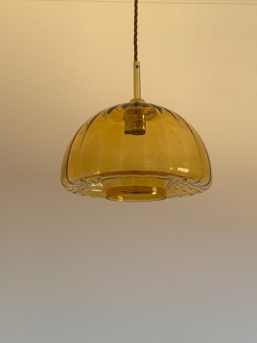 Vintage Yellow Honey Glass Pendant Lamp / Mid Century Modern Ceiling ...