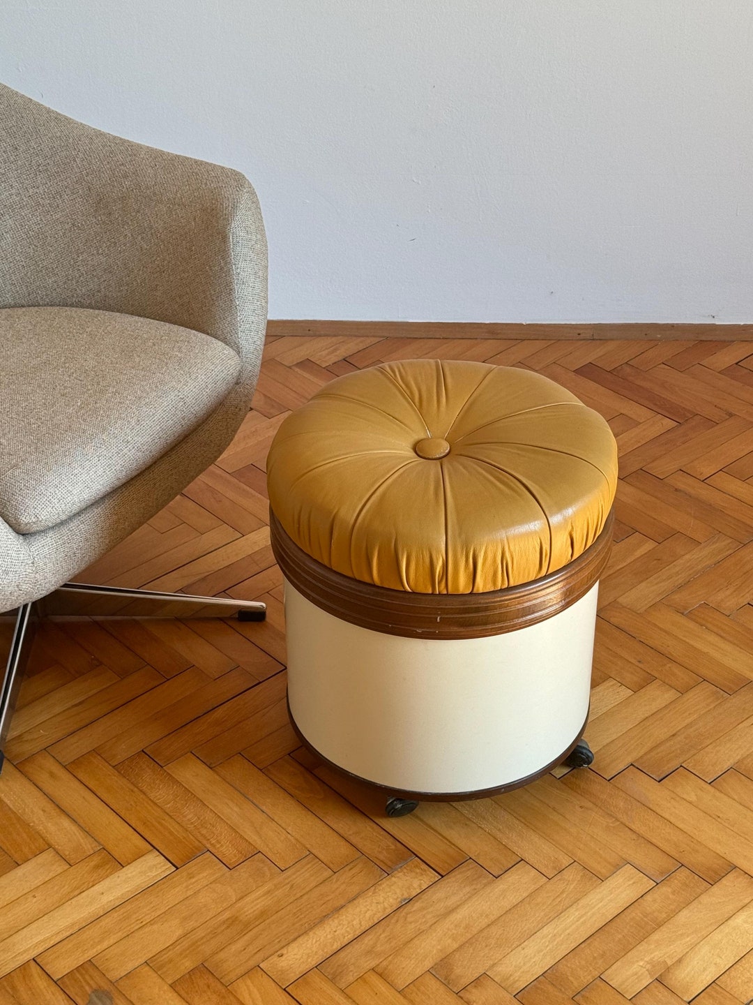 Mid Century Modern Round Footstool / Storage Ottoman / Mushroom Foot ...
