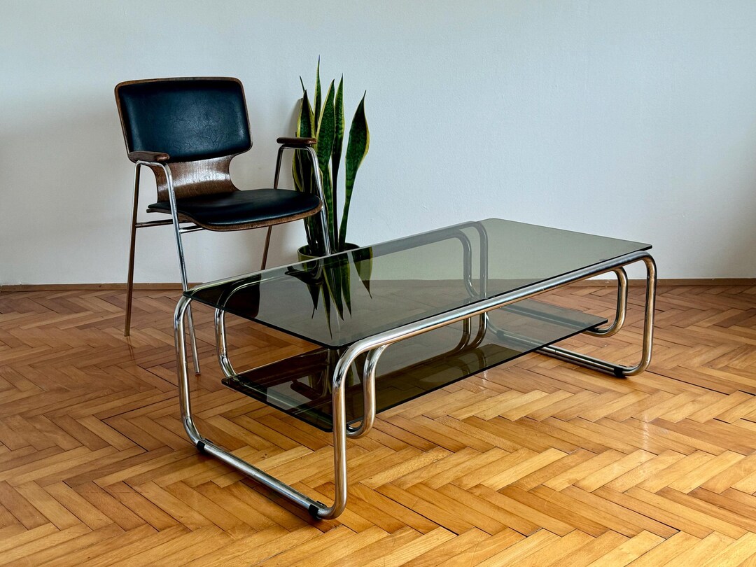 Vintage Rectangular Large Glass Coffee Table / Living Room Table / Side ...