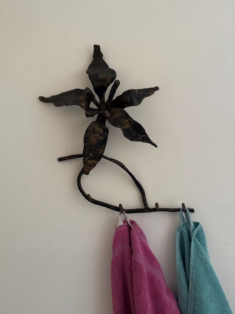 Vintage Hand-forged Wrought Iron Wall Coat Hook / Mid Century Flower ...