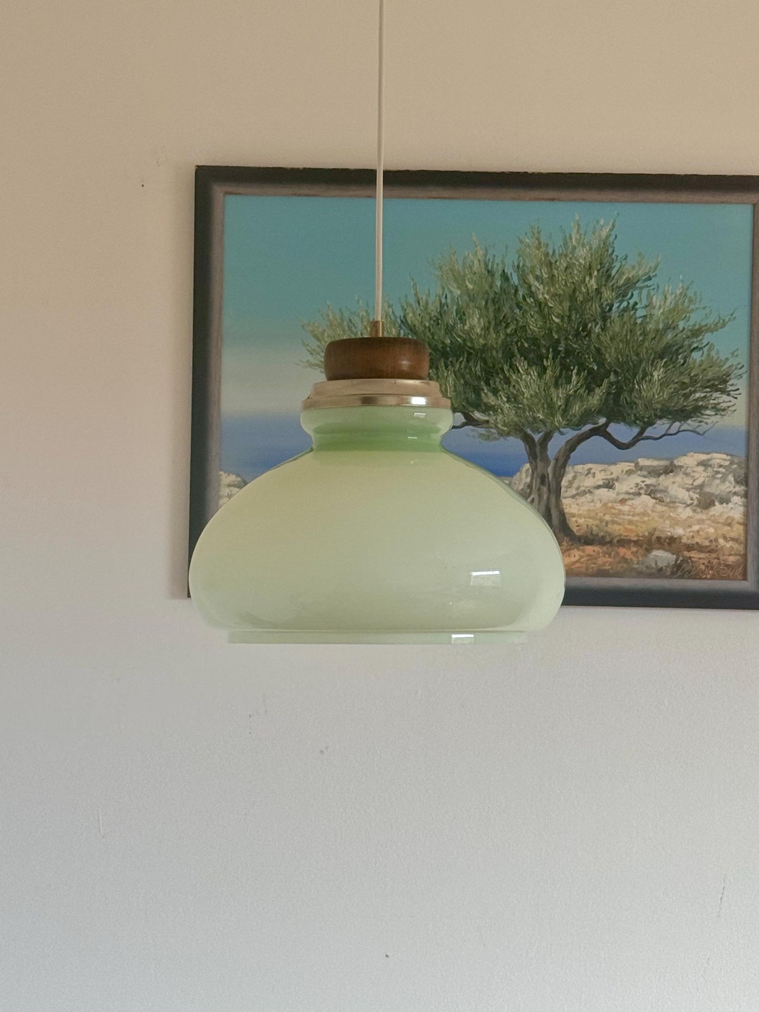Vintage Green Pendant Light / Mid Century Modern Opaline Glass Ceiling ...