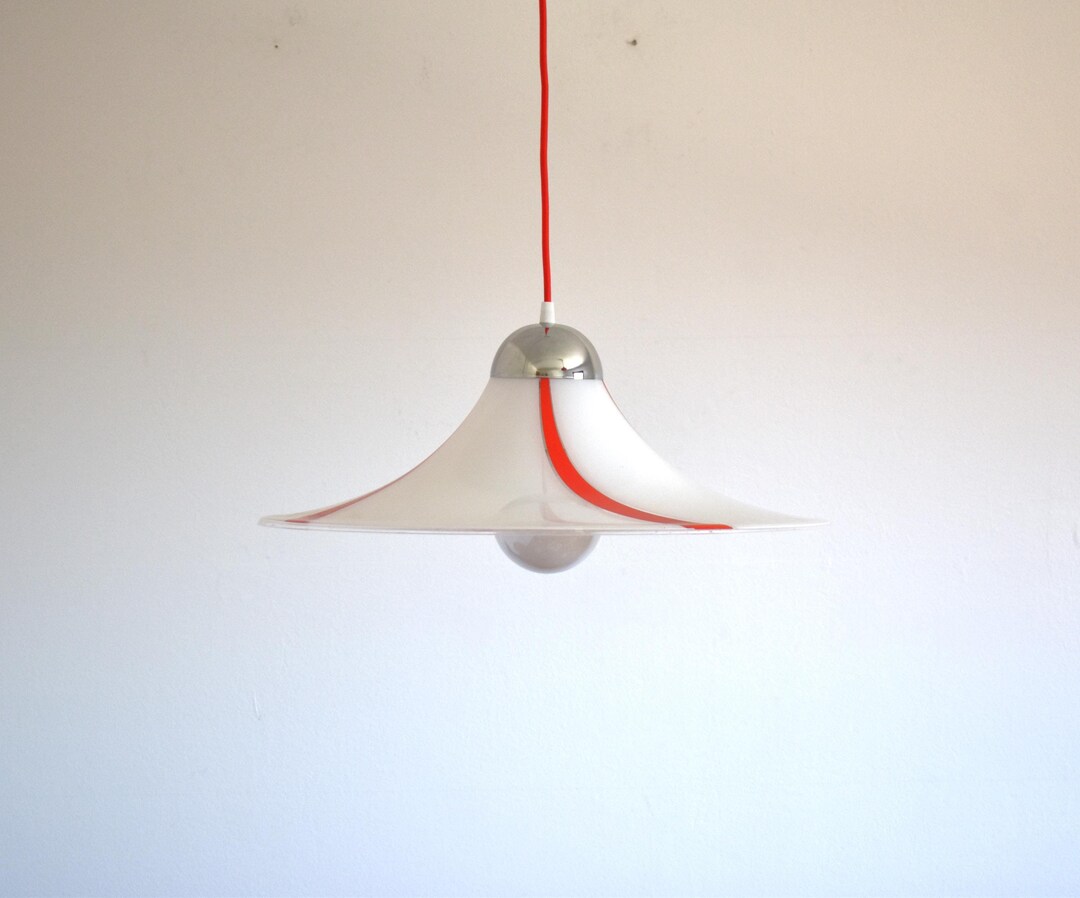 Tulip Trumpet Pendant Light / Vintage White and Red Meblo Hanging Lamp ...
