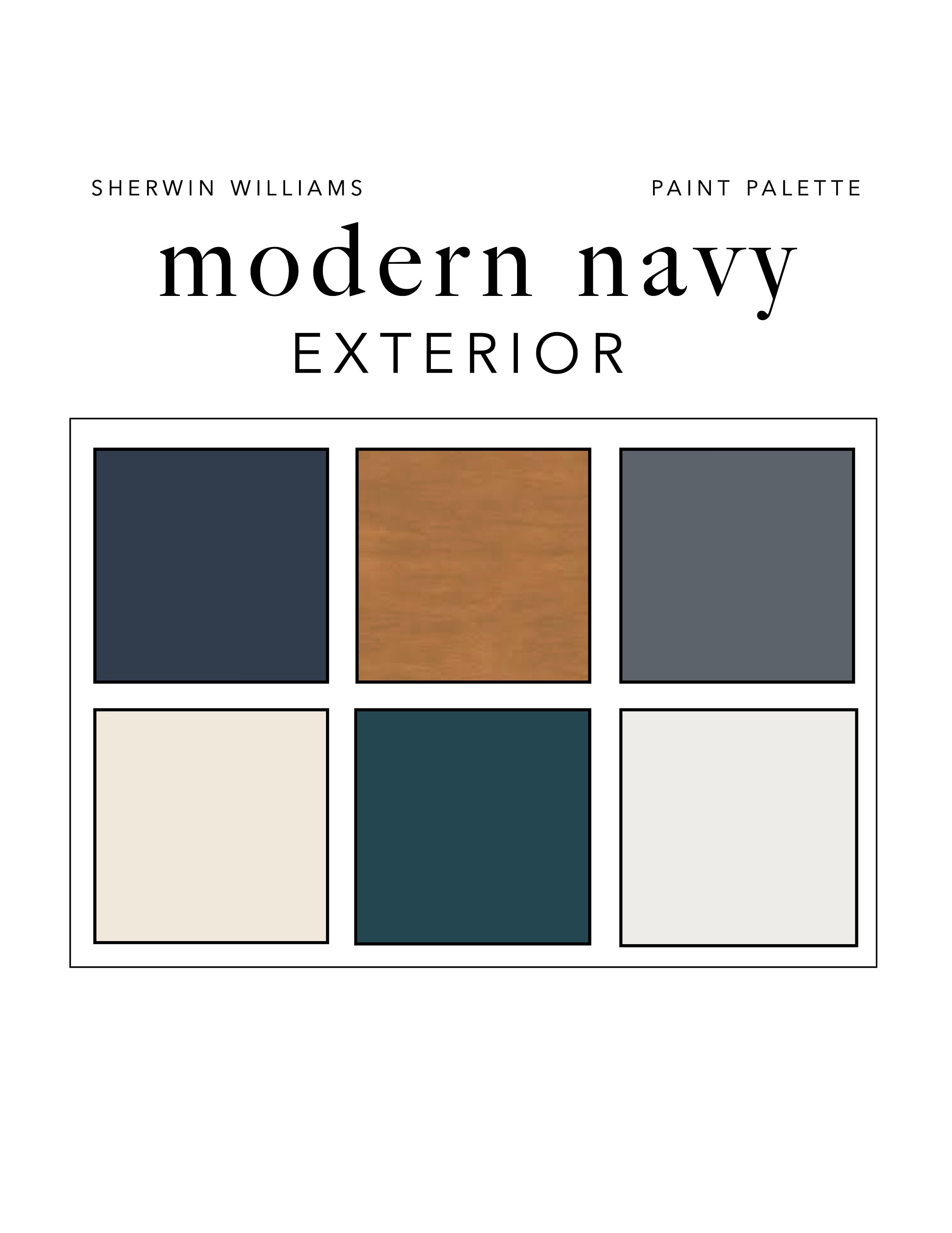 Modern NAVY EXTERIOR Paint Color Palette: Siding, Trim, Doors, Stain ...
