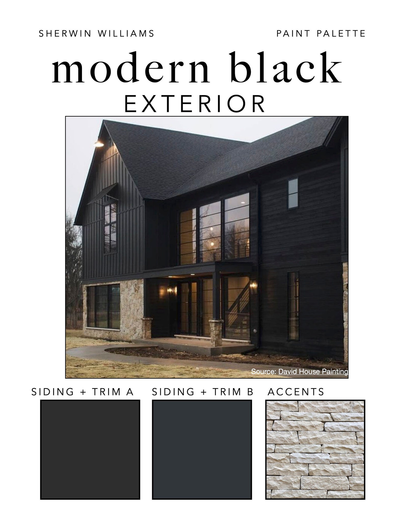 Modern BLACK EXTERIOR Paint Color Palette: Siding, Trim, Doors, Stain ...