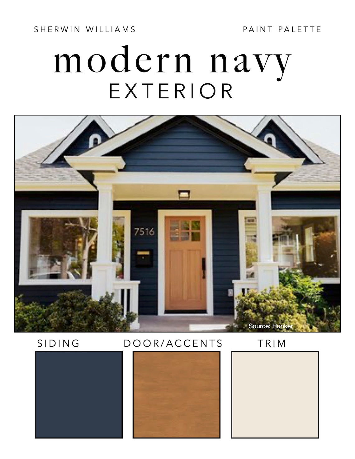 Modern NAVY EXTERIOR Paint Color Palette: Siding, Trim, Doors, Stain ...