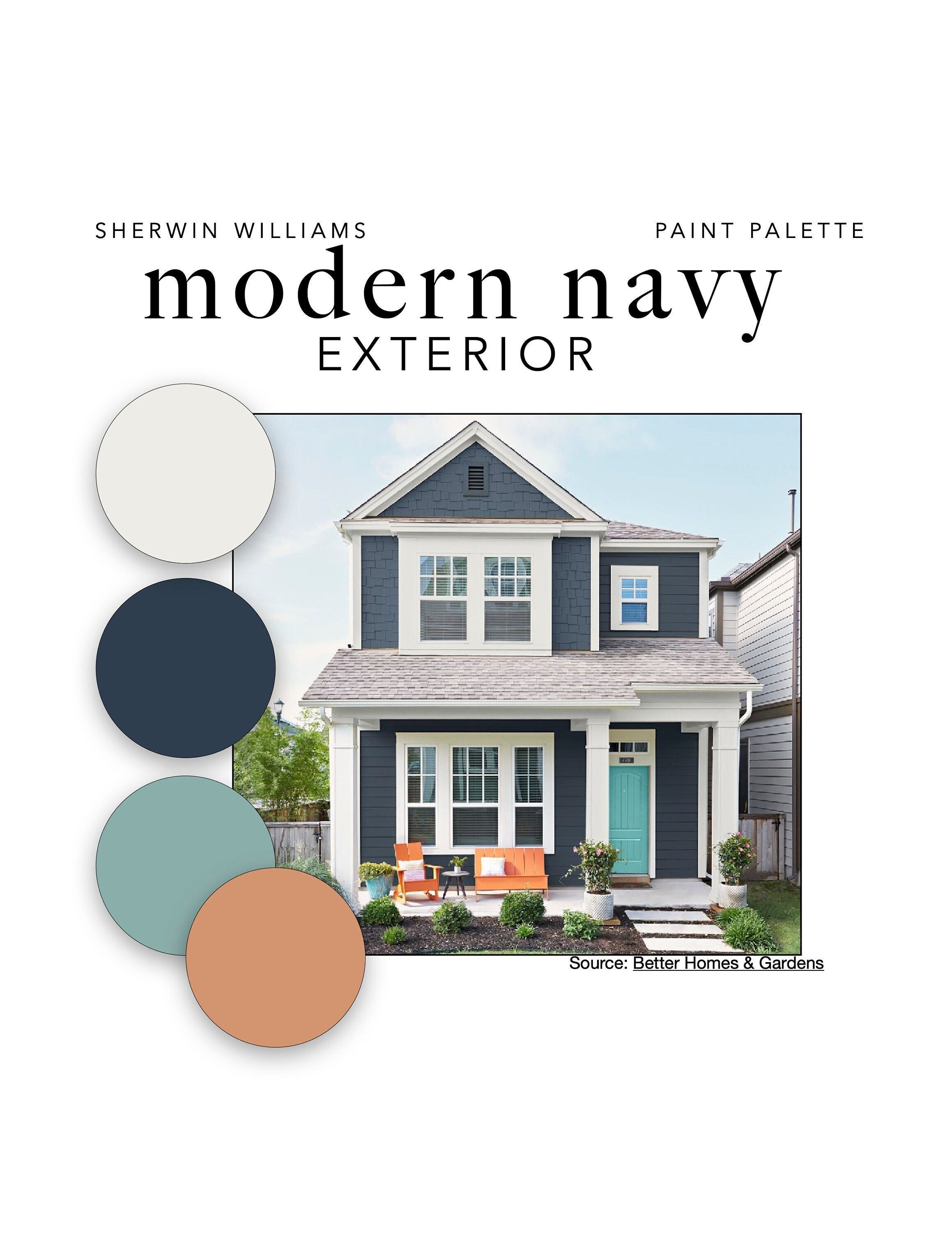Modern NAVY EXTERIOR Paint Color Palette: Siding, Trim, Doors, Stain ...