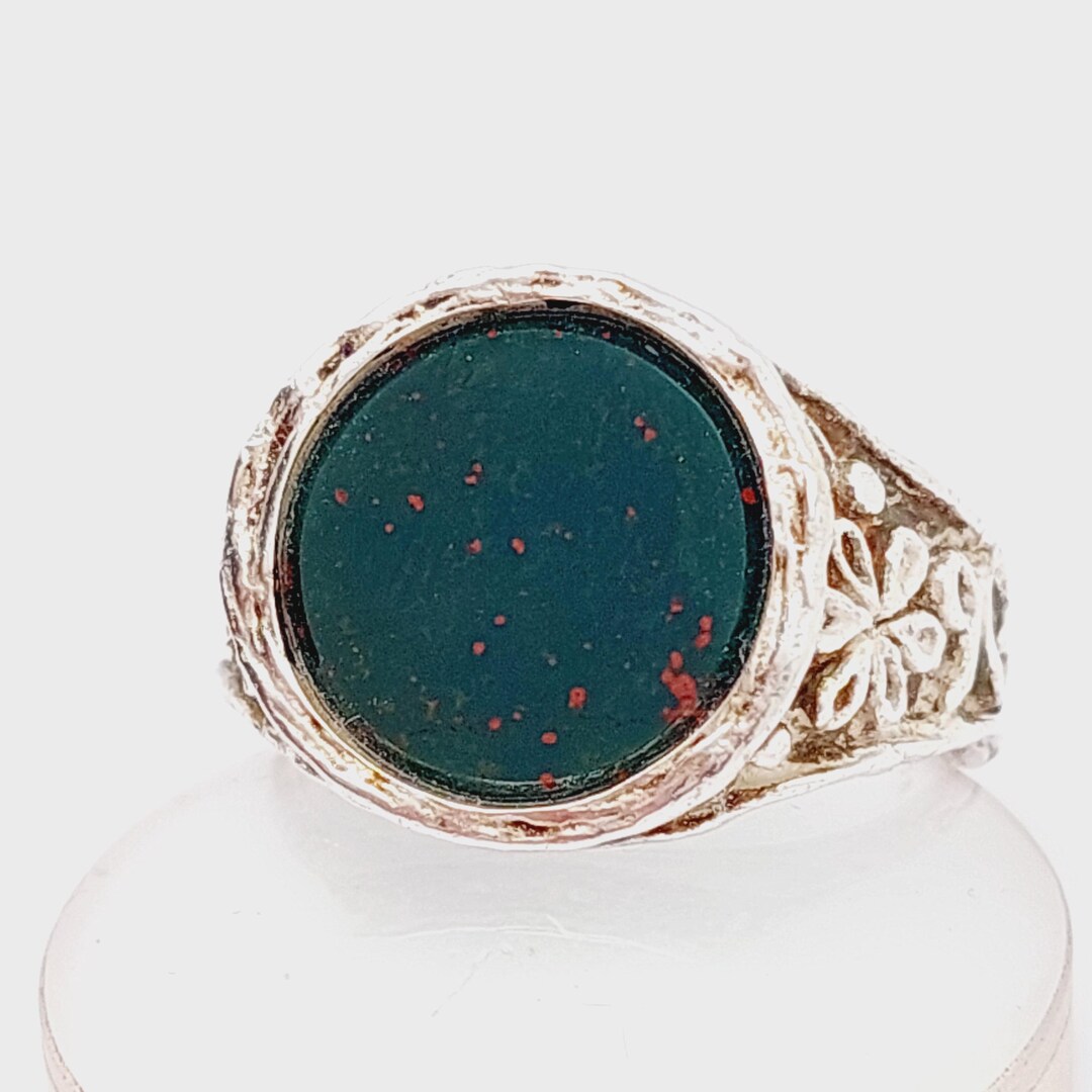 925 Silver Art Nouveau Men's Signet Ring Green Heliotrope Stone Blood ...