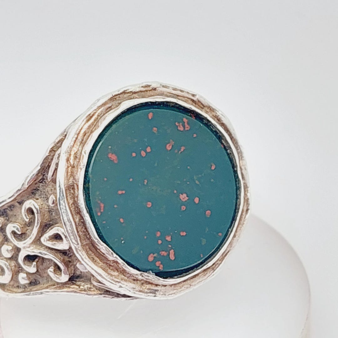 925 Silver Art Nouveau Men's Signet Ring Green Heliotrope Stone Blood ...