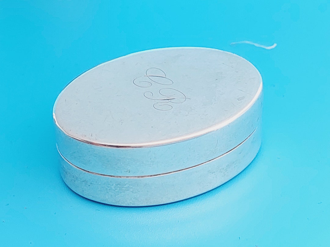 Antique 800 Silver Tin Pill Box Simple Monogram LR Oval Pill Box Tin ...