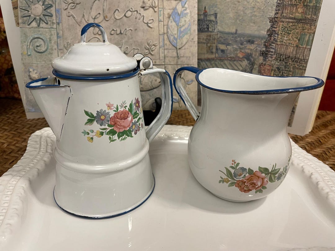 Vintage Floral Enamelware Pitcher and Kettle | Cinsa Saltillo | Mexico ...