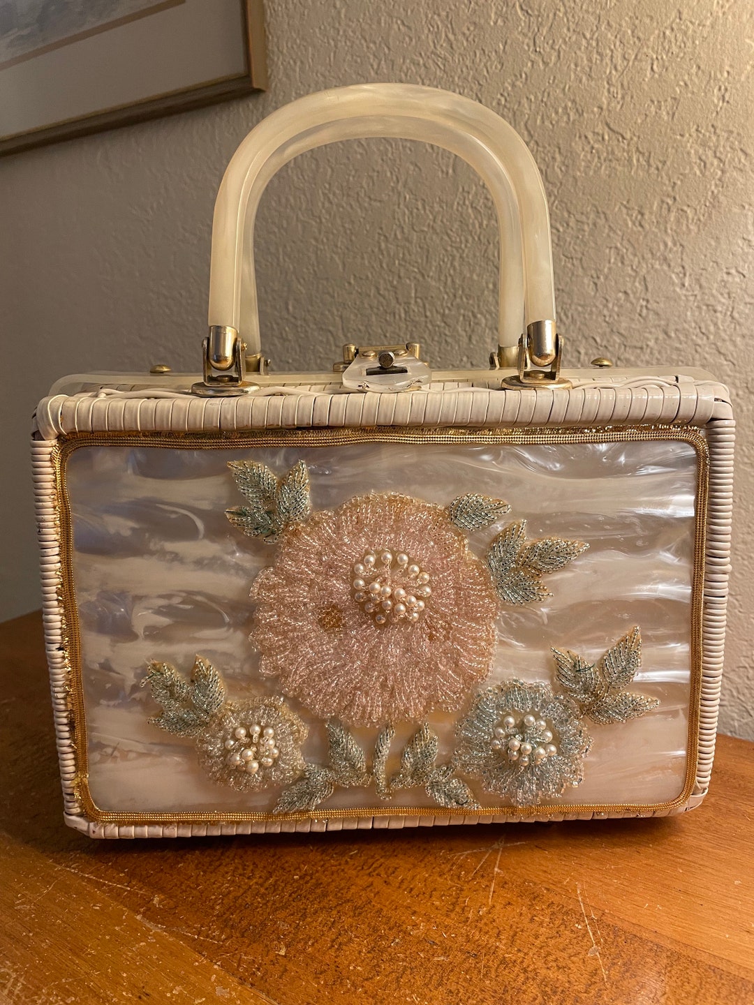 Vintage Tropical of Miami Wicker Purse Lucite Mother of Pearl & Floral ...