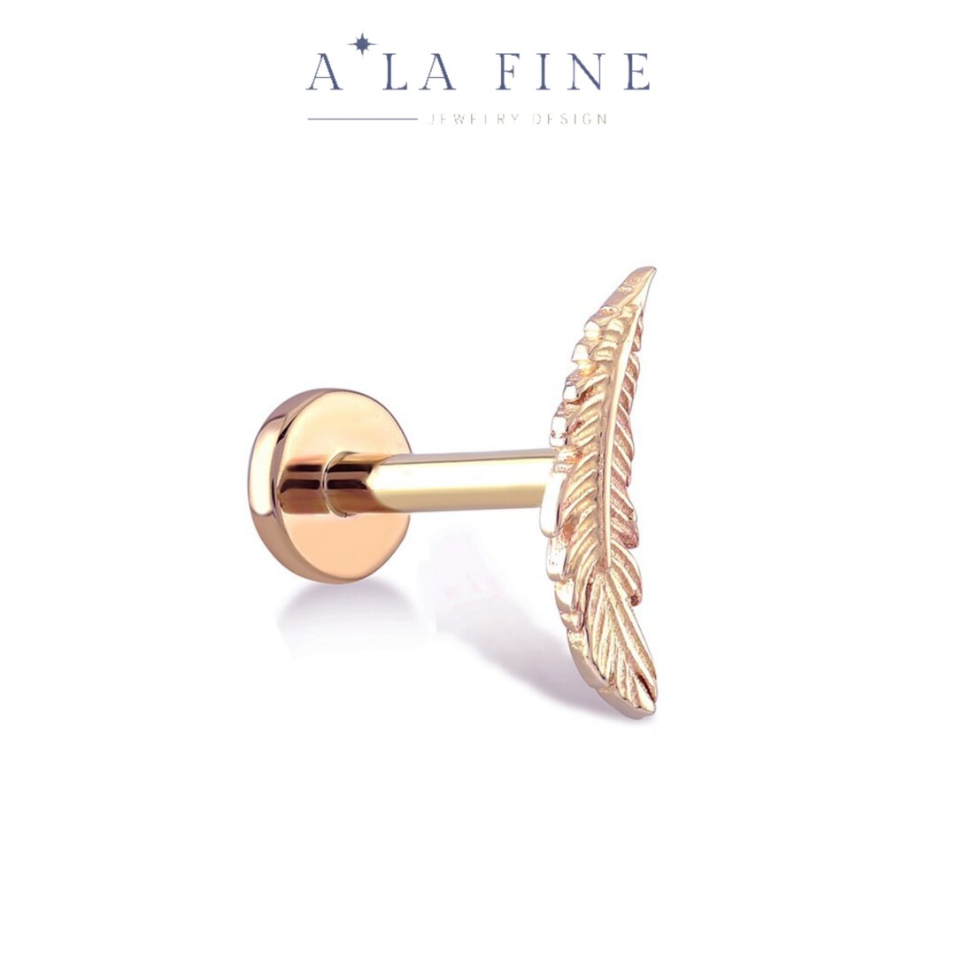 14K Solid Gold Feather Piercing, Minimalist Feather Tragus Piercing ...