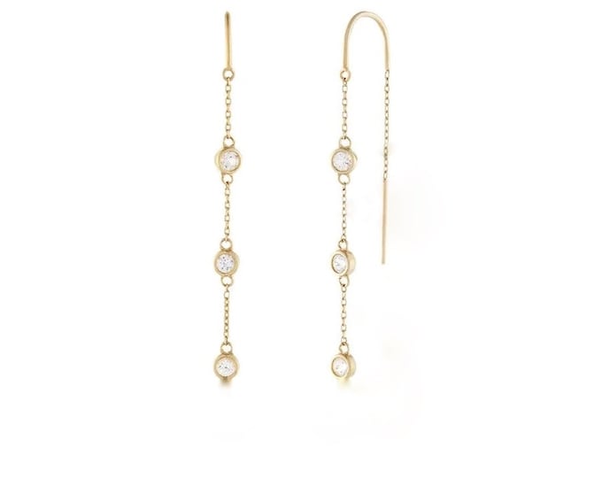 14k Solid Gold Long Threader Diamond Bezel Earring, Long Chain Bezel ...