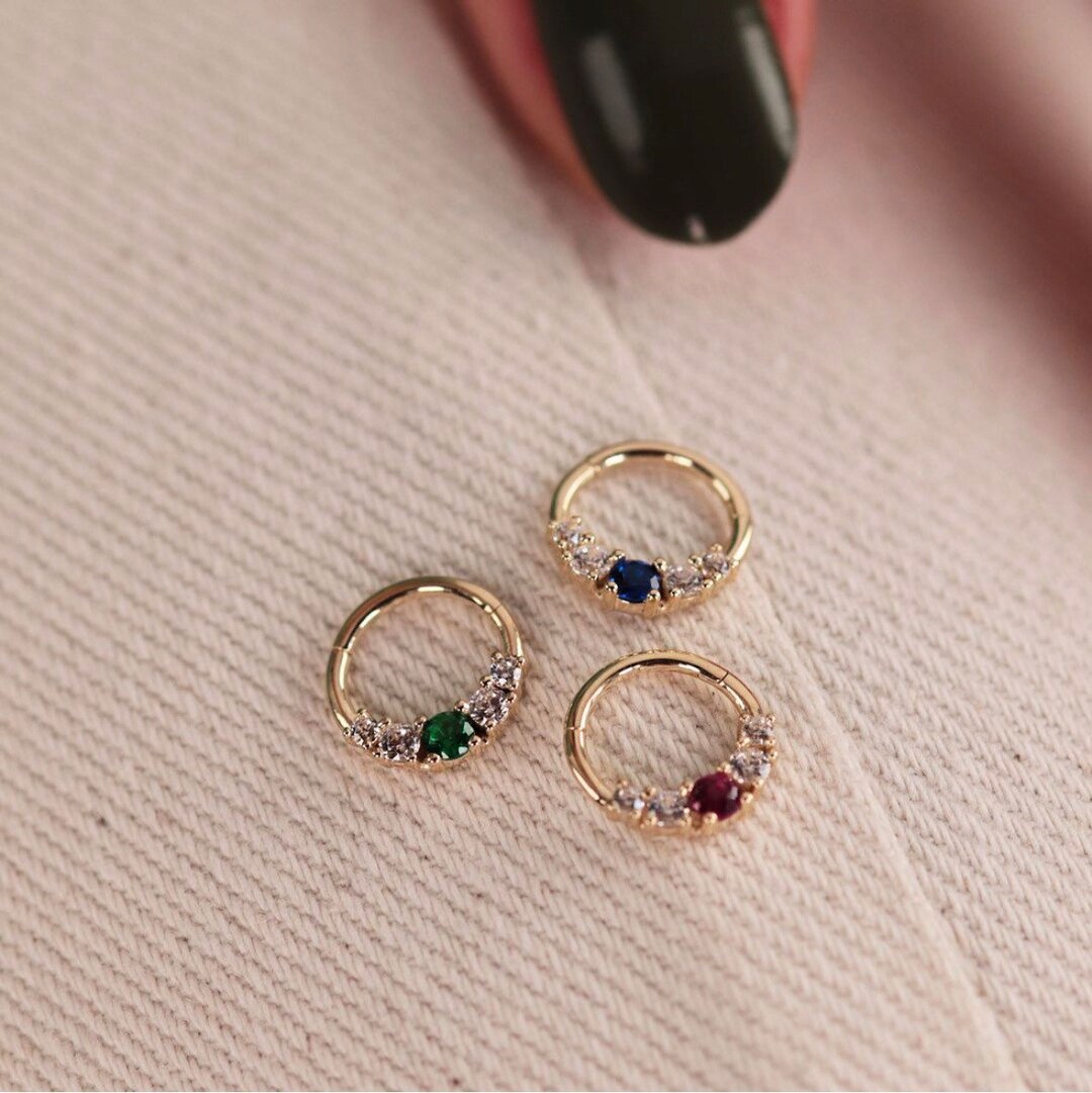 14 K Cartilage Gold Half Diamond 8mm Hoop Piercing, Zircon or Diamond ...