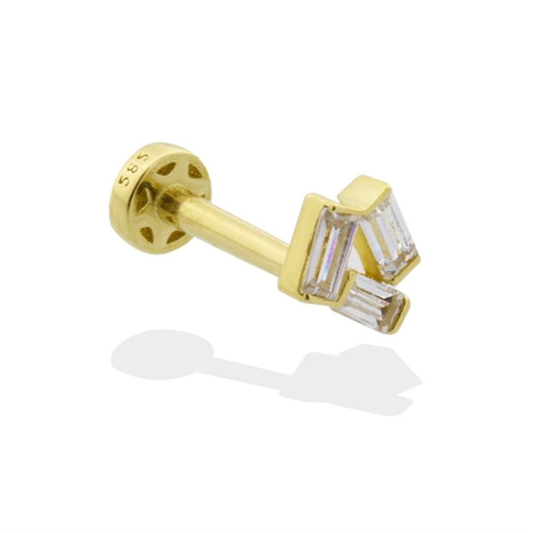 14K Solid Gold Trio Baguette Piercing, Gold Triple Tragus Piercing ...