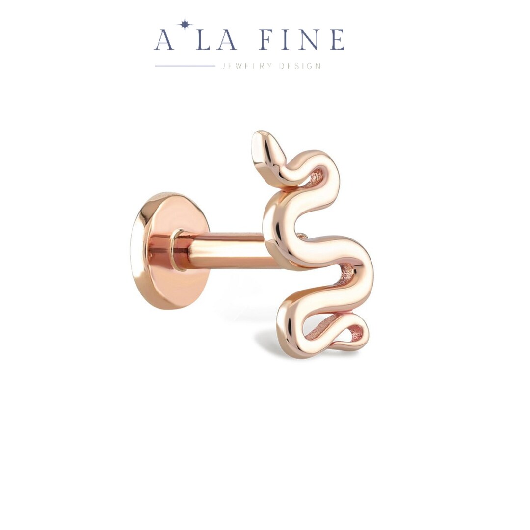 14K Solid Gold Snake Piercing, Minimalist Tragus Piercing, Gold Stud ...
