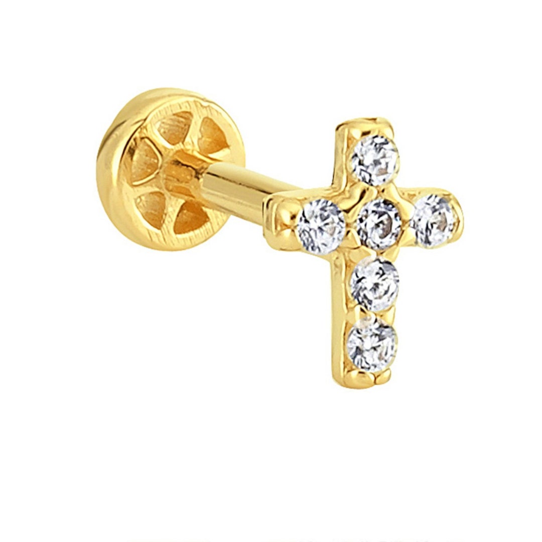 14K Solid Gold Diamond Cross Piercing, Minimalist Cross Stud Earring ...
