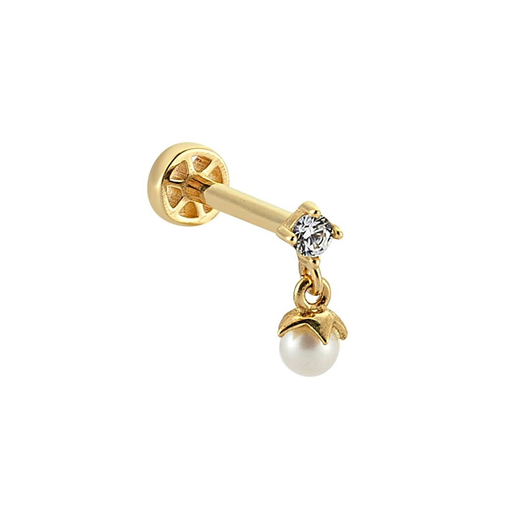 14K Solid Gold Pearl Diamond Piercing, Gold Tragus Piercing, Diamond ...