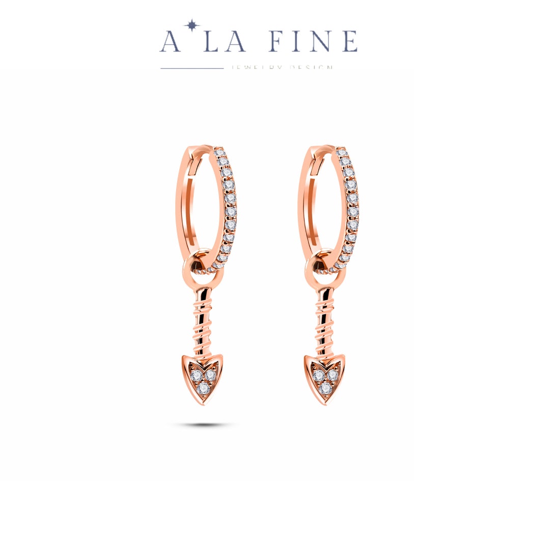 14 K Solid Gold Diamond Arrow Hoops, Arrow Dangle Diamond Earrings ...