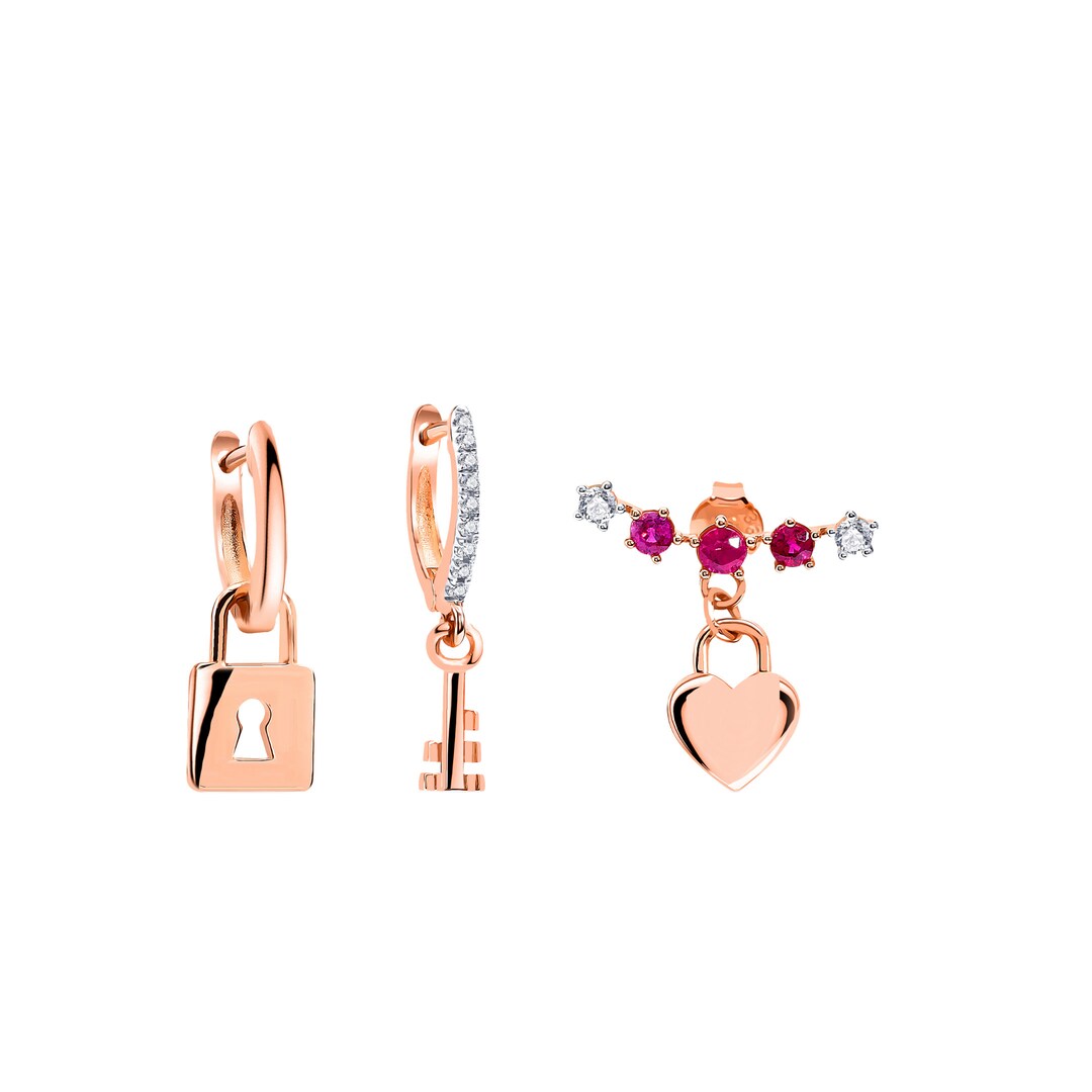 14 K Solid Gold Diamond Pink Heart, Key and Lock Earring, Minimalist ...