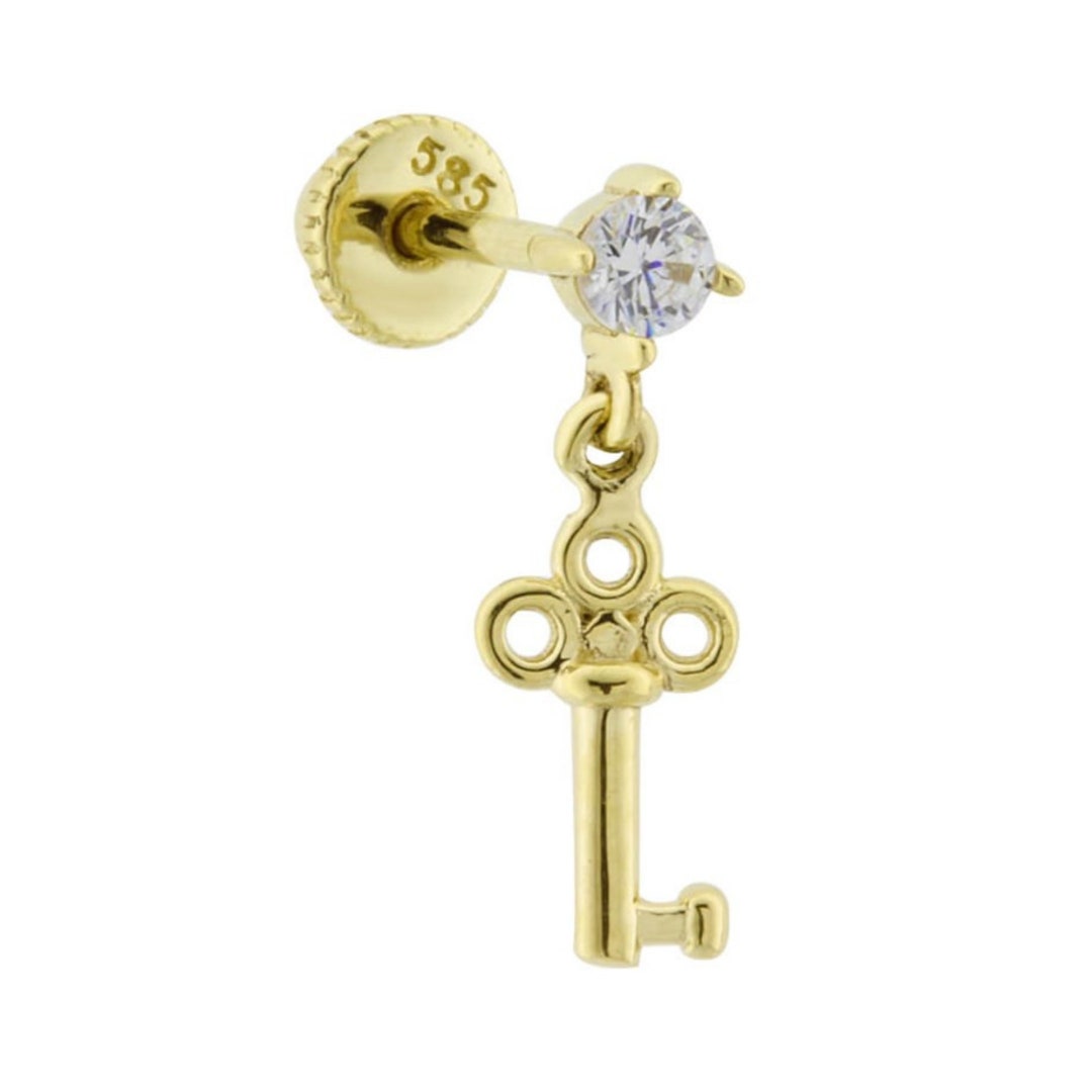 14K Solid Gold Dangling Key Diamond Piercing, Diamond Key Piercing ...