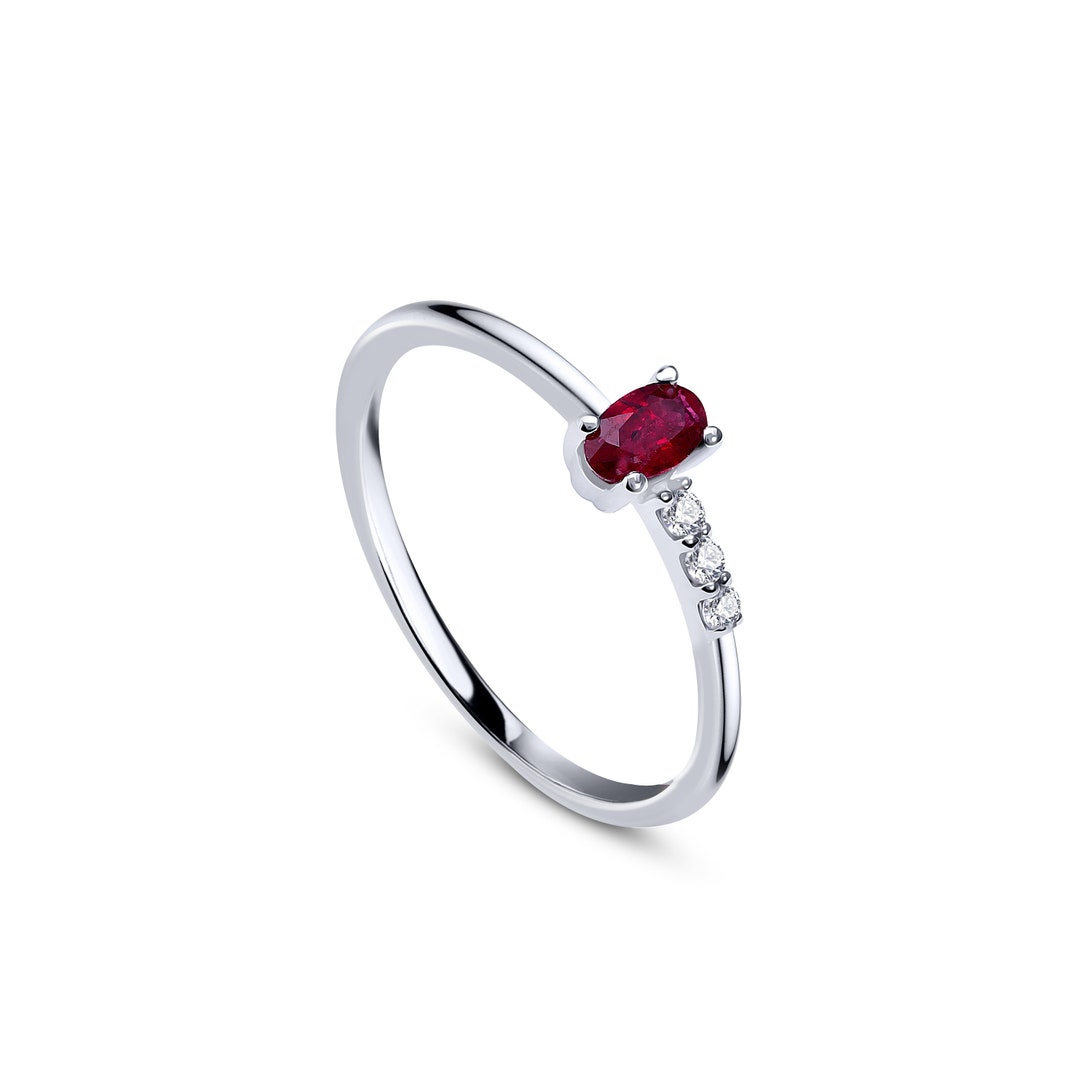 14 K Solid Gold Round Diamonds and Oval Cut Ruby Ring / Stackable ...