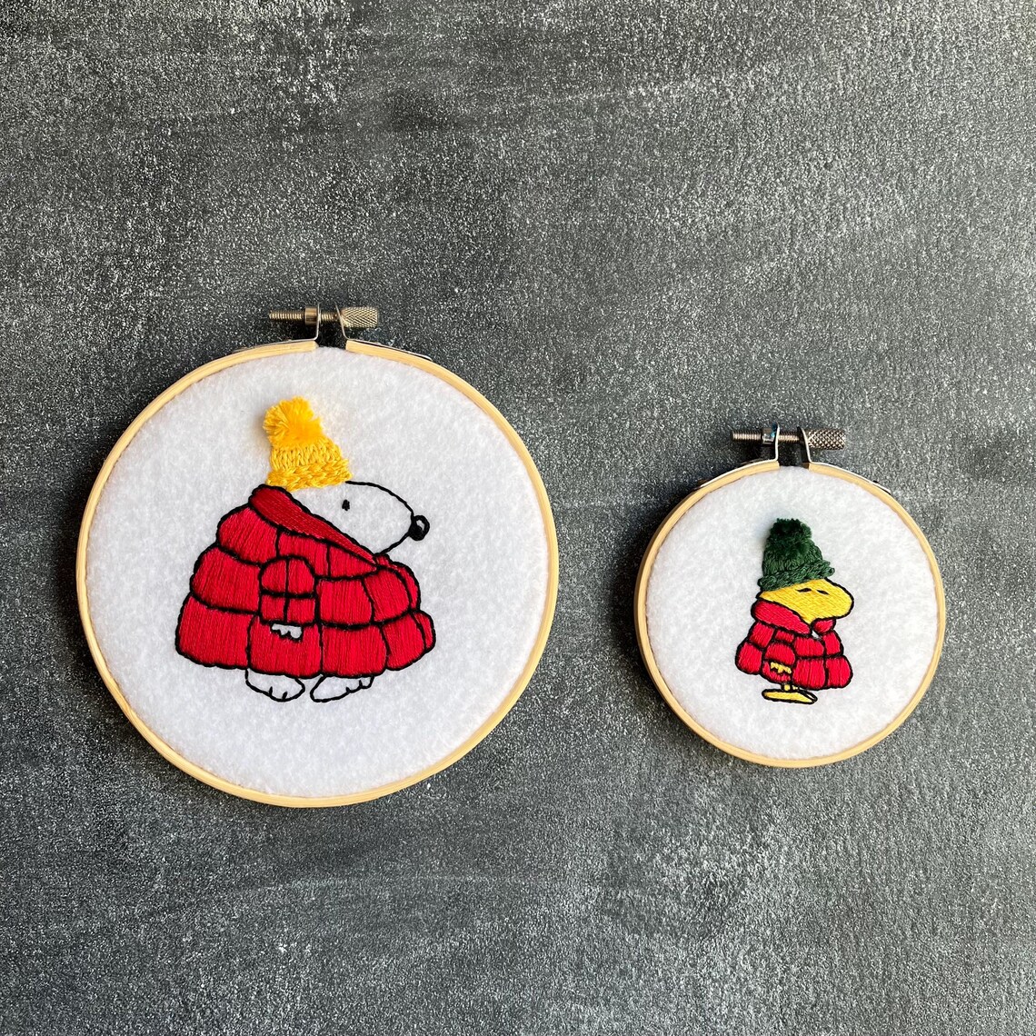 Snoopy and Woodstock Winter Puffer Coat Embroidery Hoop Set-- Handmade ...
