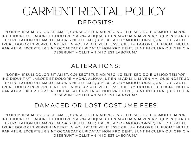 Garment, Uniform, Dress, Costume Rental Agreement Contract, Policy ...