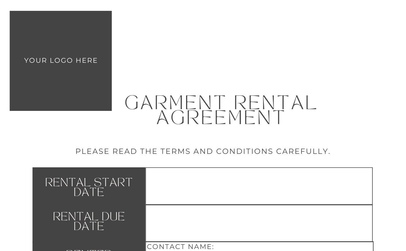 Garment, Uniform, Dress, Costume Rental Agreement Contract, Policy ...