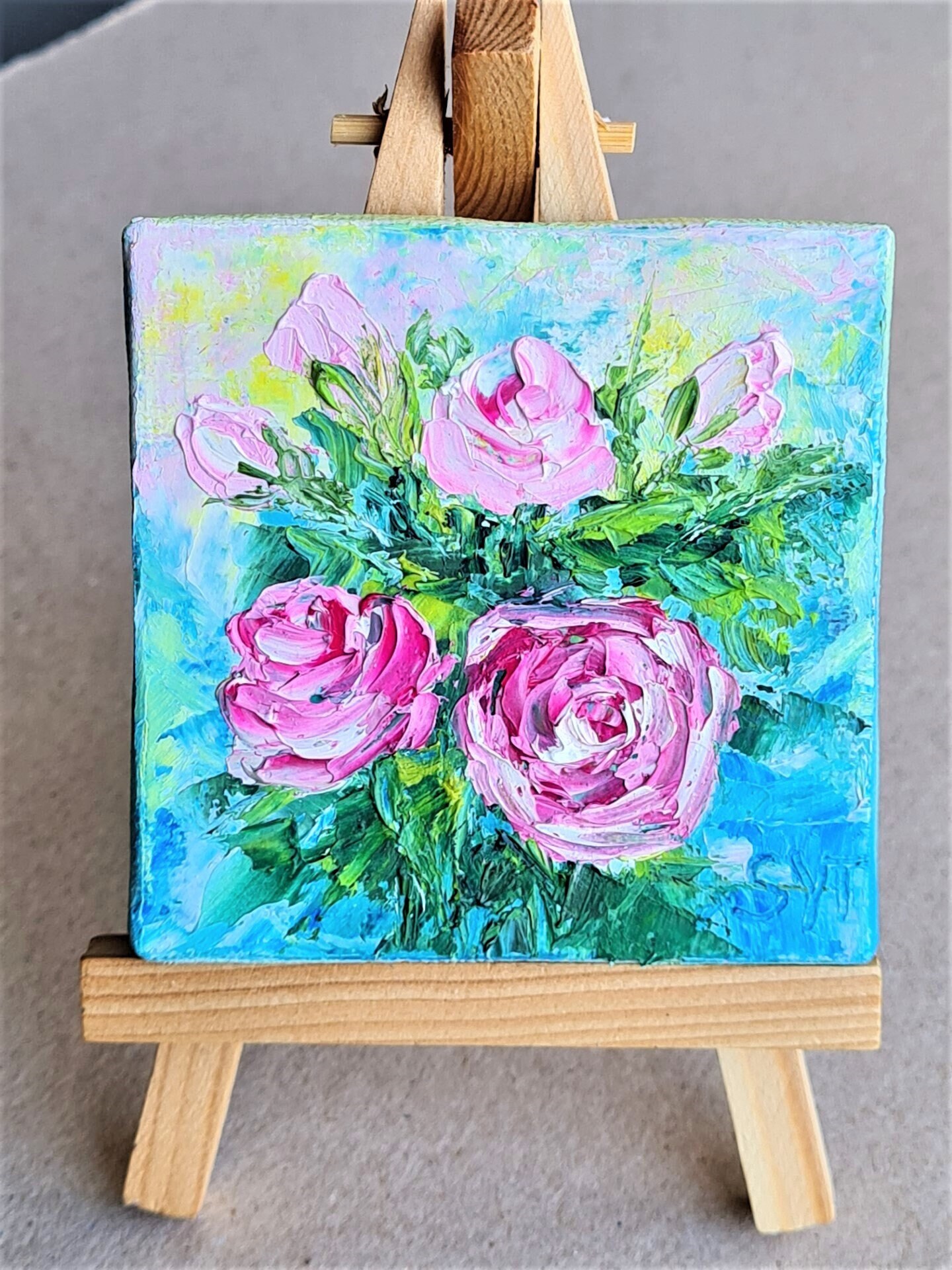 Rose Painting, Pink Roses, Original Tiny Oil Art, Small White Roses, 2 ...