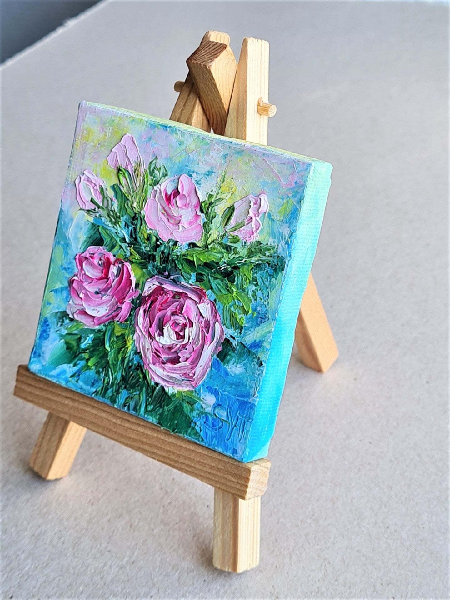 Rose Painting, Pink Roses, Original Tiny Oil Art, Small White Roses, 2 ...
