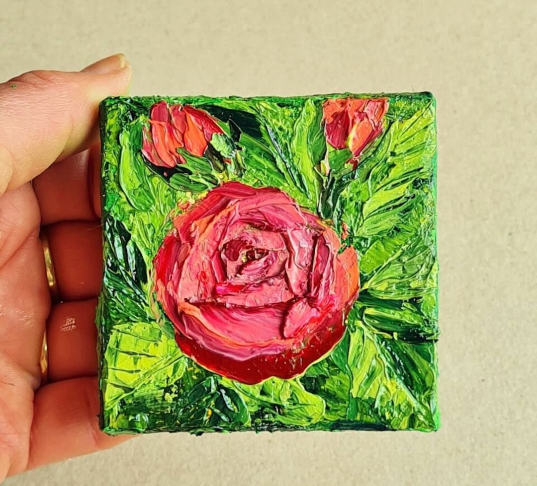 Red Rose, Small Bouquet, Tiny Painting With Easel, Scarlet Roses ...