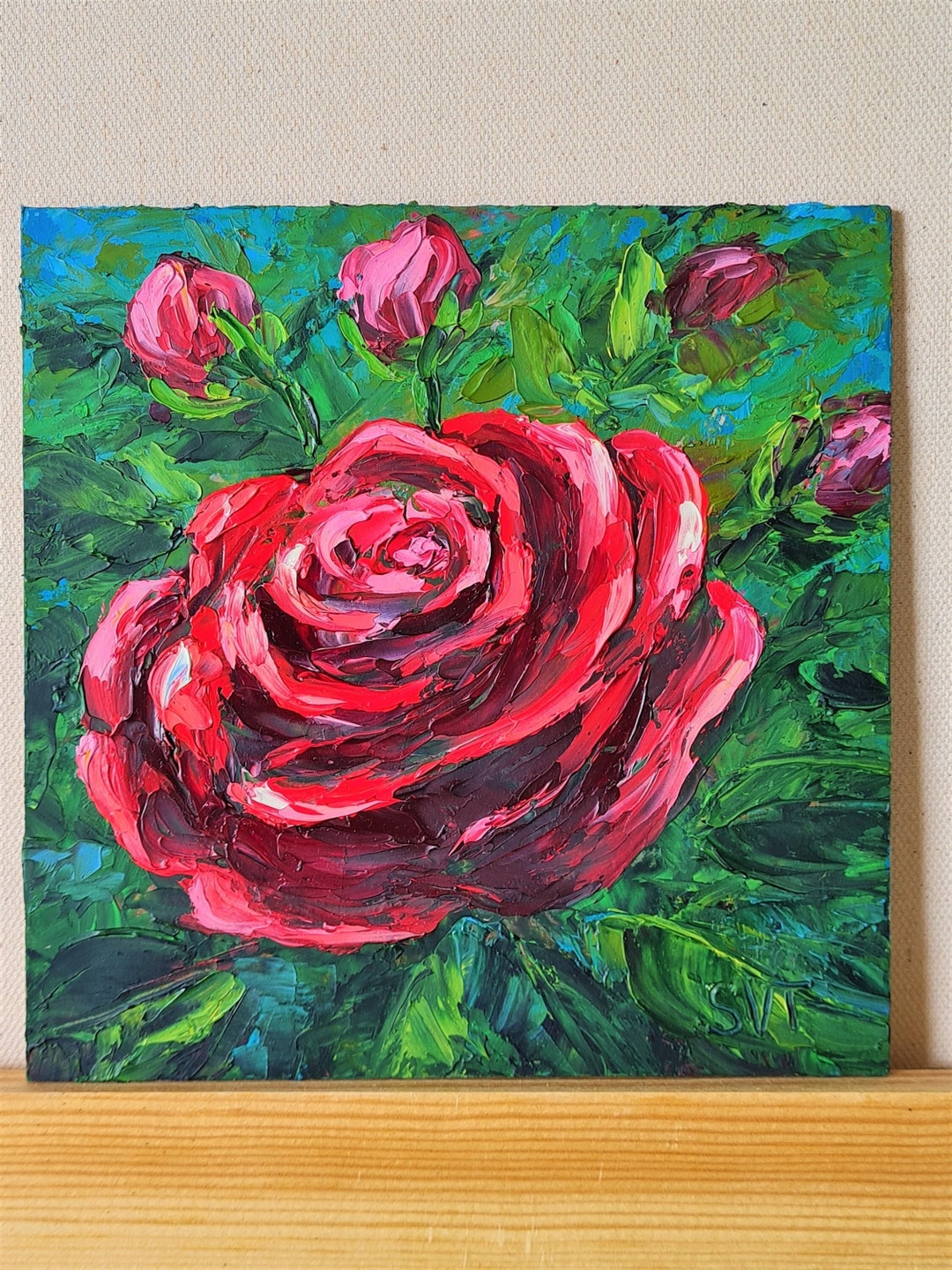 Rose Painting, Big Red Rose, Oil Painting, 5x5 Tiny 3D Art, Single Rose ...