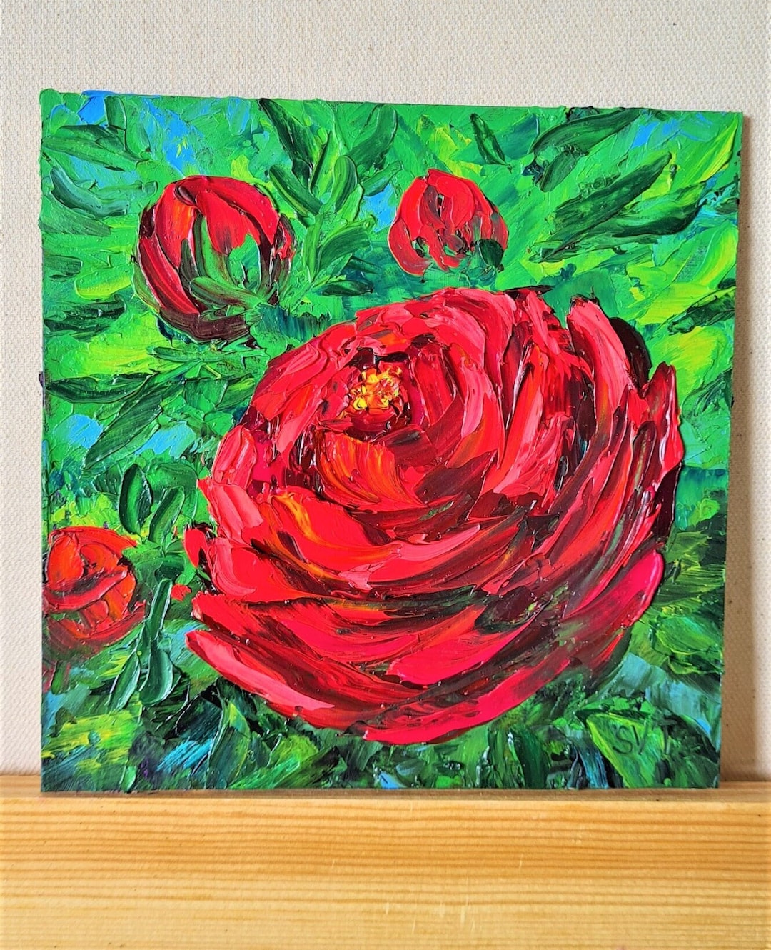 Flame Red Rose, Oil Painting, Single Rose, Open Rose, Purple Rose, Tiny ...