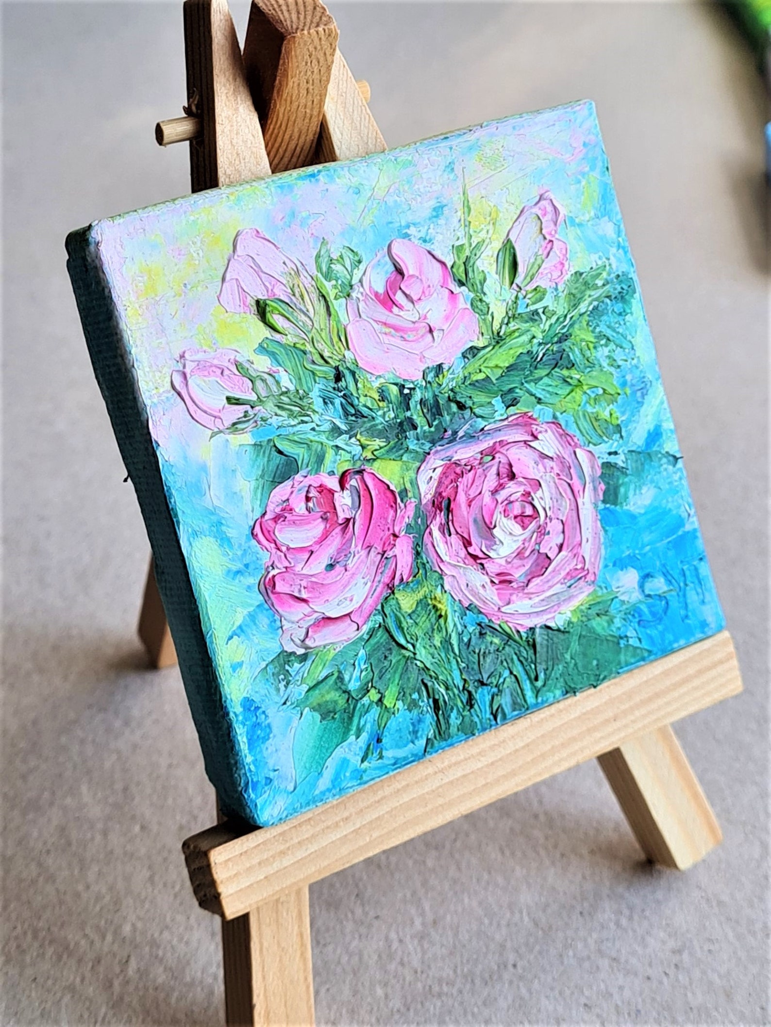 Rose Painting, Pink Roses, Original Tiny Oil Art, Small White Roses, 2 ...