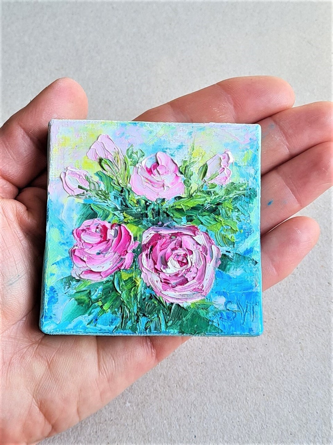 Rose Painting, Pink Roses, Original Tiny Oil Art, Small White Roses, 2 ...
