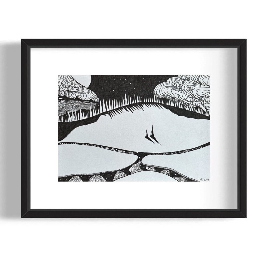 Original Ink Landscape Drawing Winter Night on Archival Paper, 7 X 10 ...