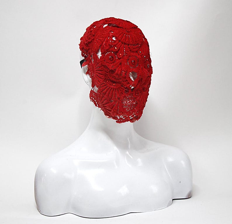 Red Full Face Lace Mask Headdress Custom Masquerade Mask Handmade ...