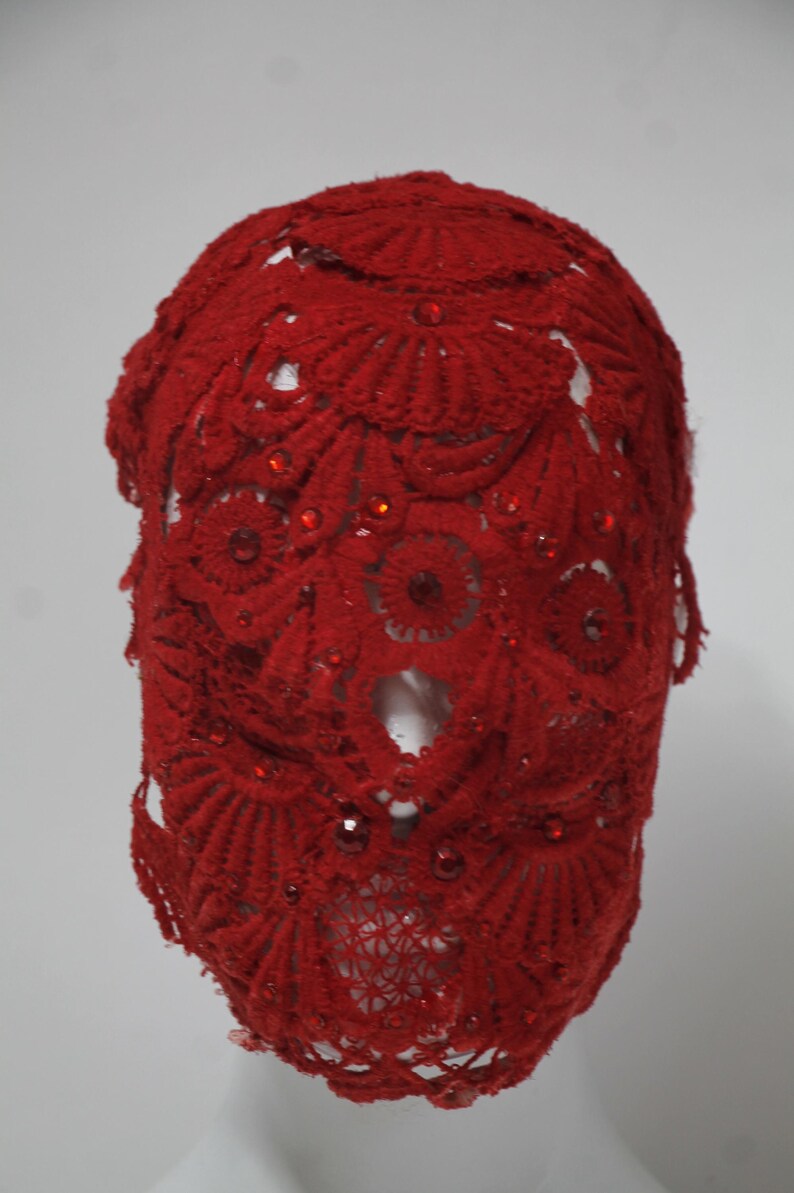 Red Full Face Lace Mask Headdress Custom Masquerade Mask Handmade ...