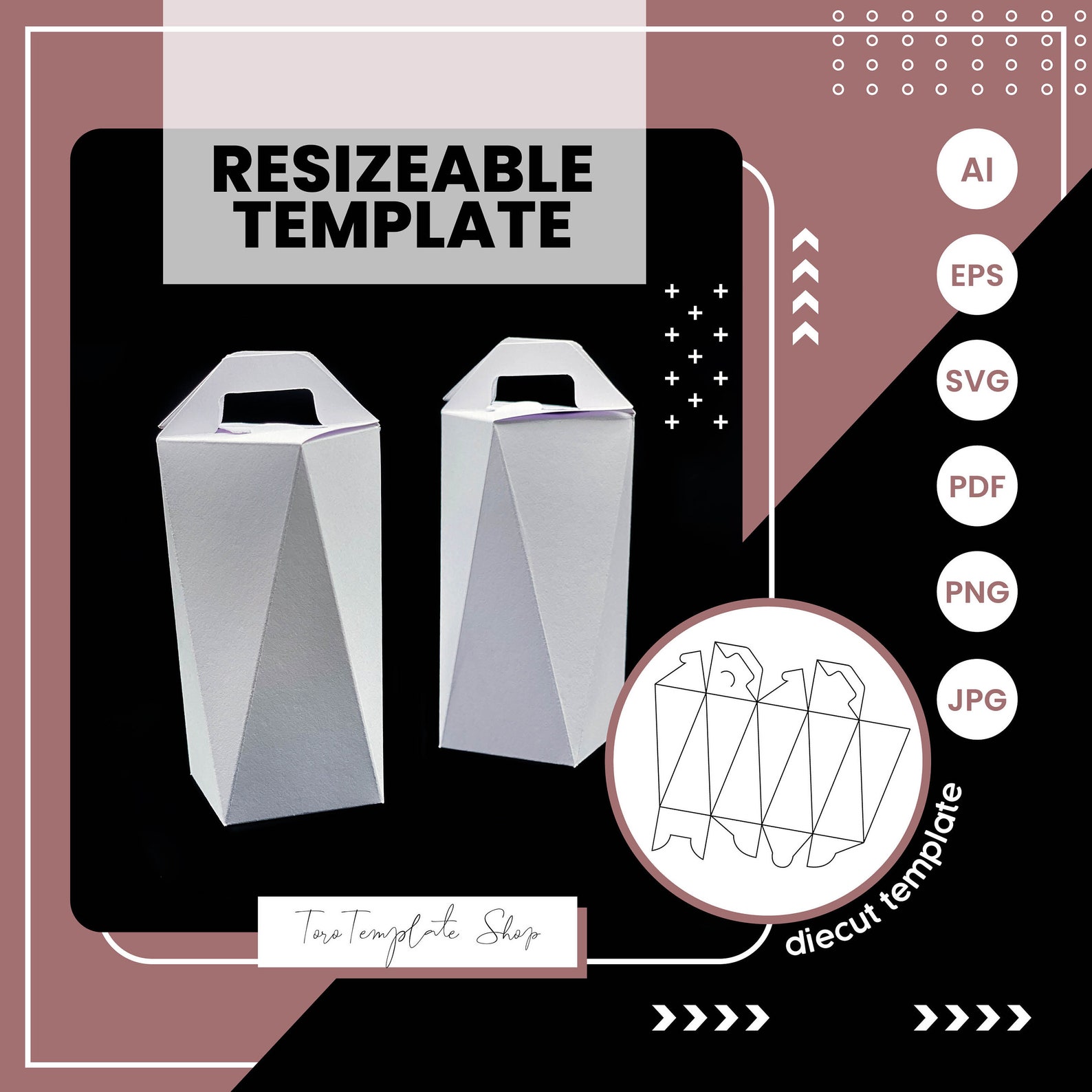 Angled Side Box With Handle Template, Gift Box Template, Candy Box ...