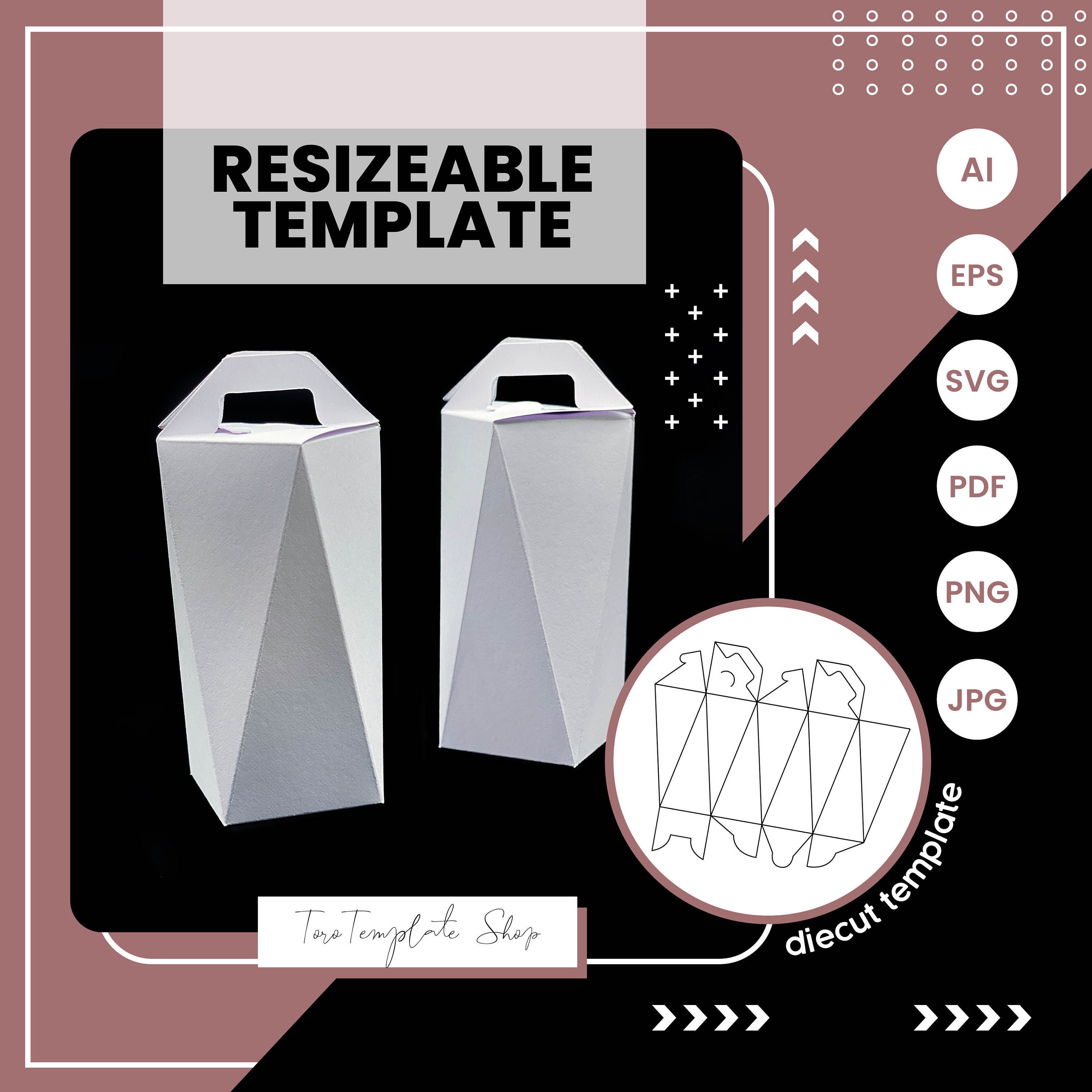 Angled Side Box With Handle Template, Gift Box Template, Candy Box ...