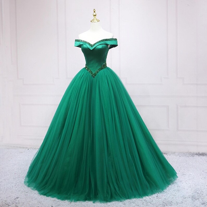 Green Satin Prom Dress,off Shoulder Green Ball Gown,green Tulle Prom ...