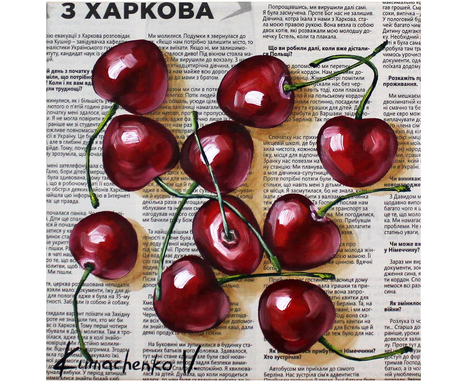 Cherry Painting Newspaper Art Fruit Oil Painting on Canvas - Etsy