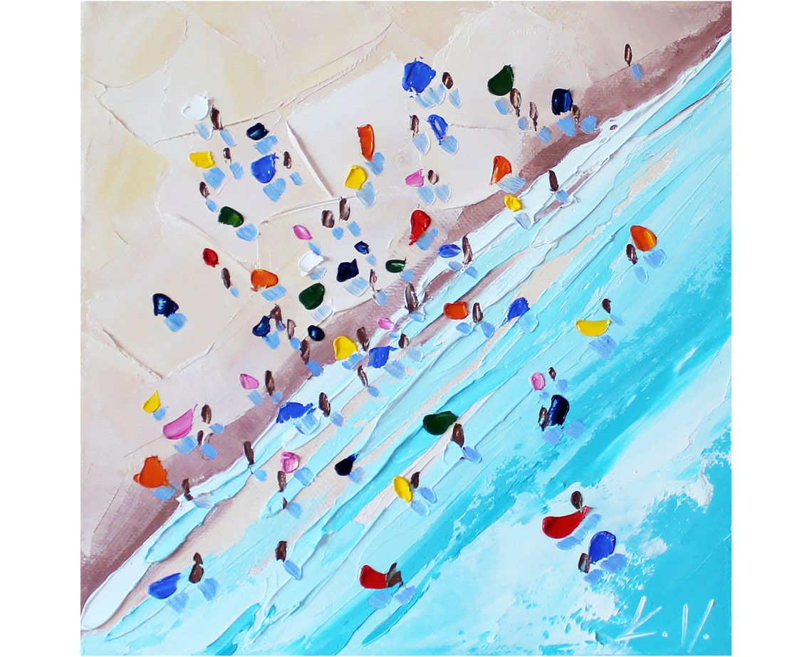 Oceanfront Oil Painting on Canvas Beach and Sunbathing People - Etsy